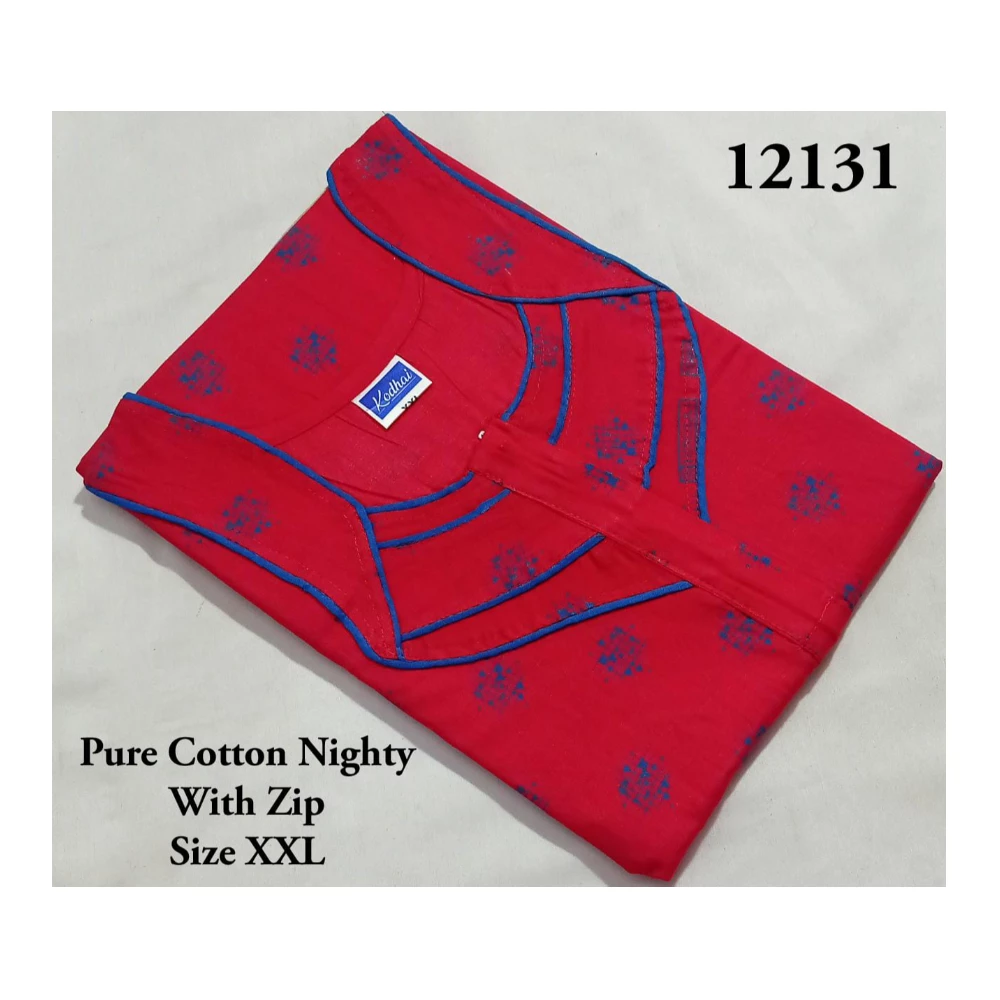 Pure cotton nighty (XXL/Red/Cotton/With Zip/54) - kodhainighties