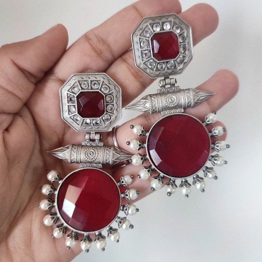 Radhika Ruby Large Stone Beaded Earrings - Kreative Curio