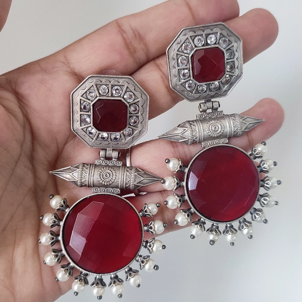 Radhika Ruby Large Stone Beaded Earrings - Kreative Curio