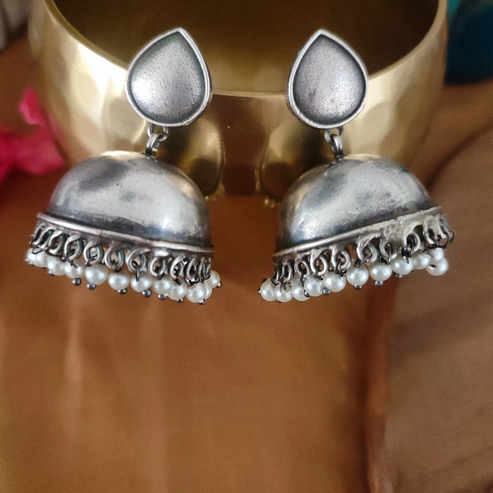 Brass Tear Drop Jhumkas Silver lookalike - Kreative Curio
