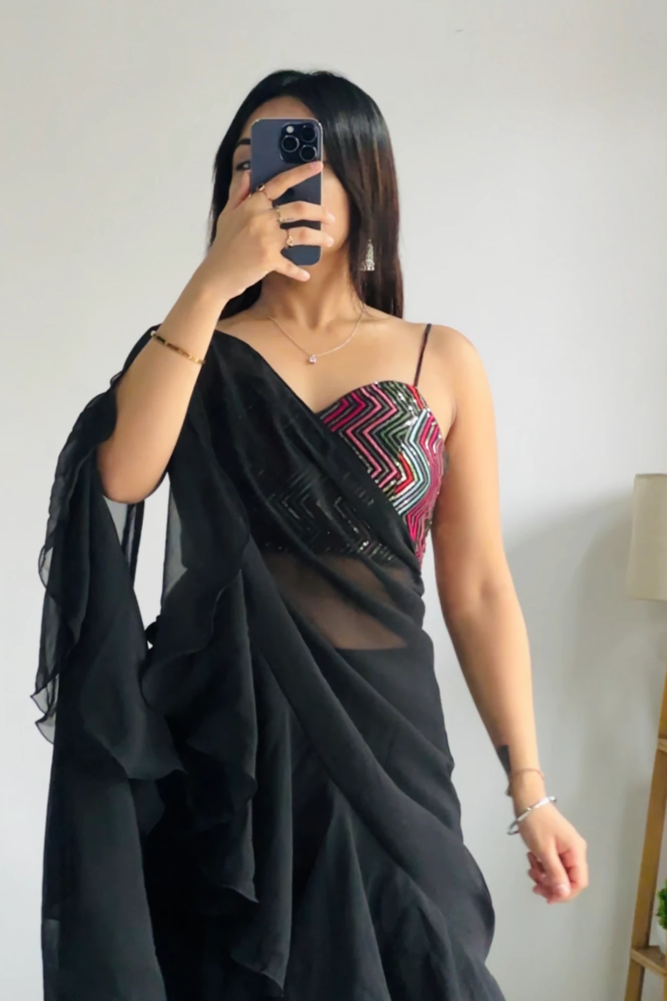 Black Ruffle saree with Embroidery Blouse (Black) - Devisha fashion