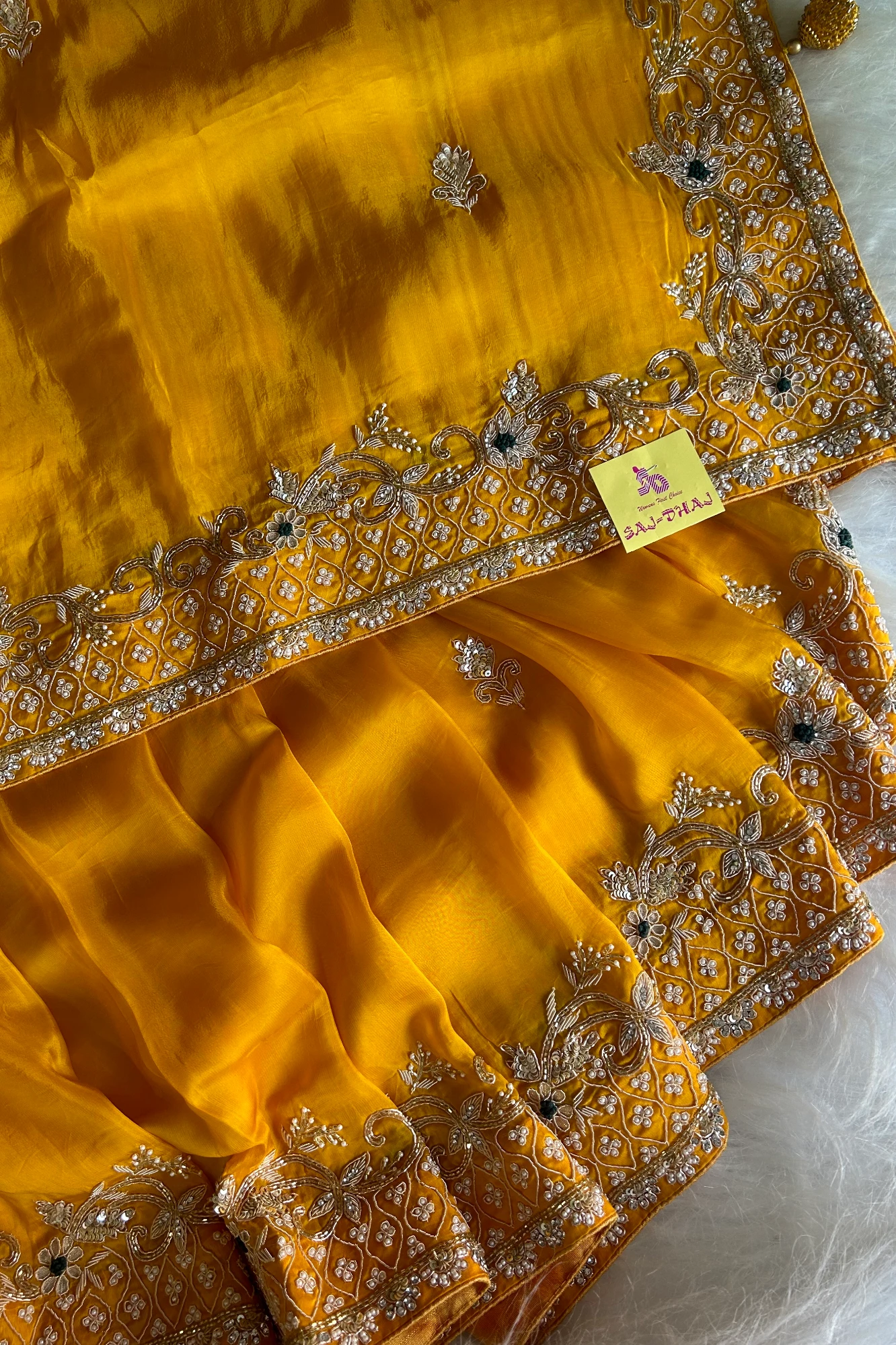 Mustard Heavy Border Zardosi Saree
